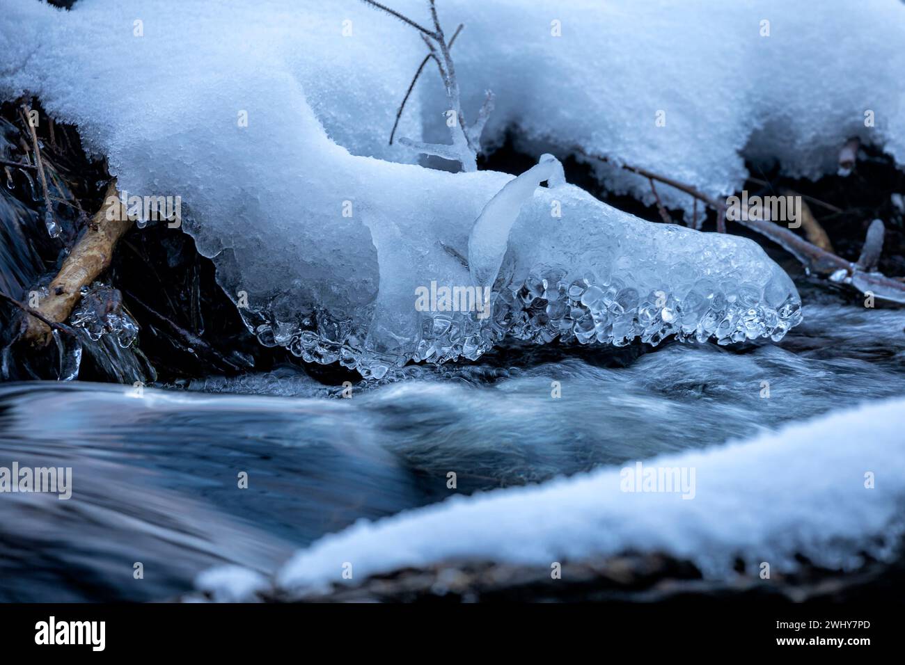 River flow in snow and icicles Stock Photo - Alamy