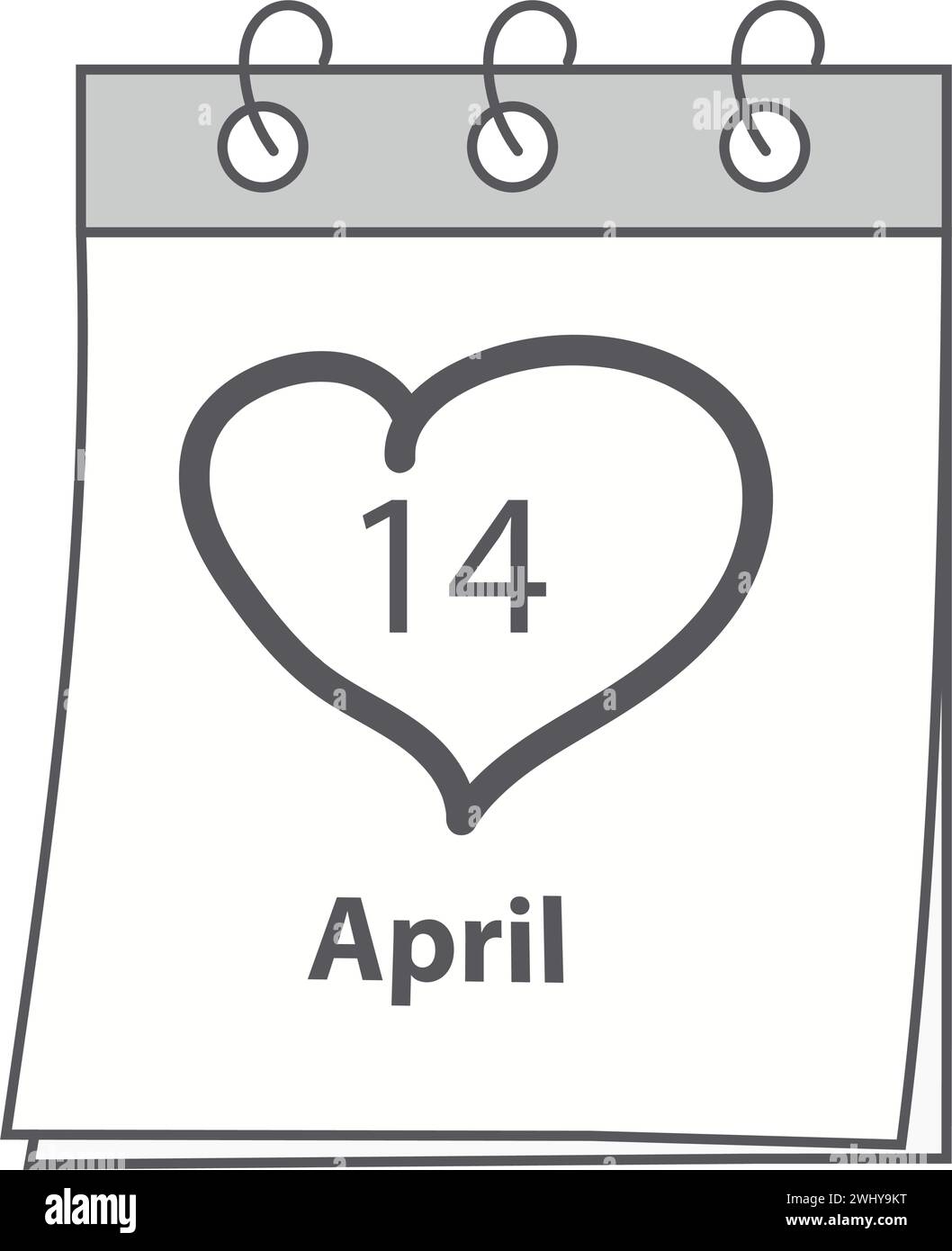 14 April calendar page with date and hand drawn hearts shape stroke ...