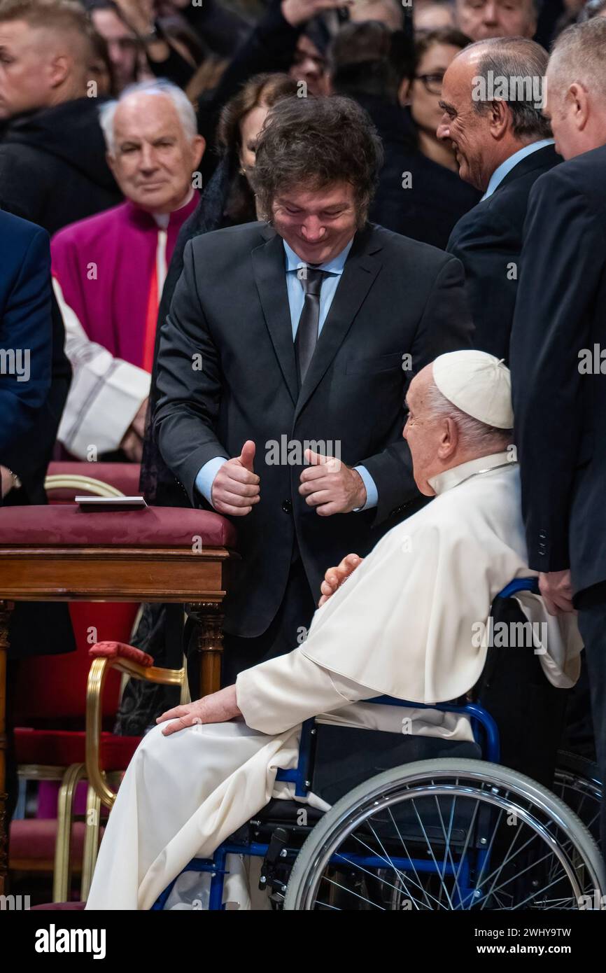 Pope Francis greets the Argentine President Javier Milei at the end of ...