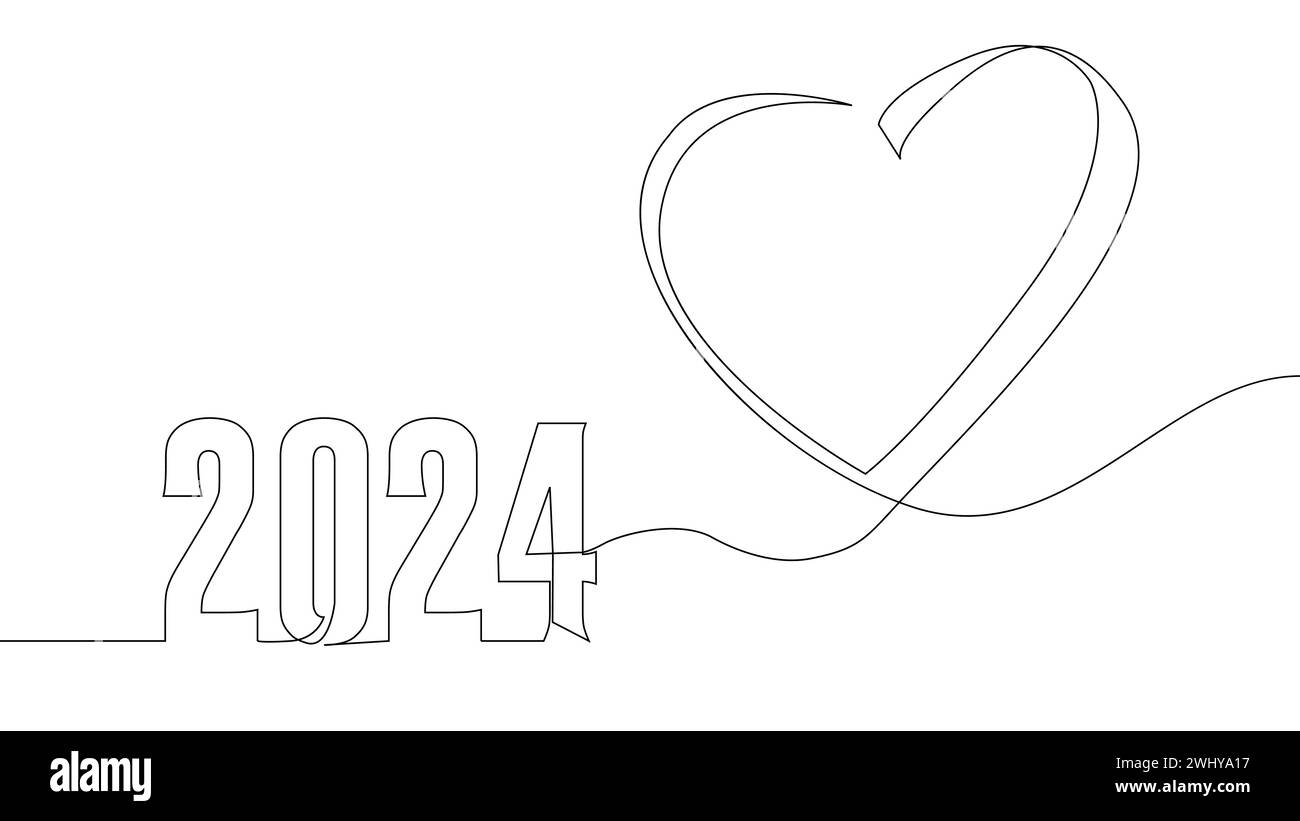 One continuous line of Heart and number 2024. Thin Line Illustration ...