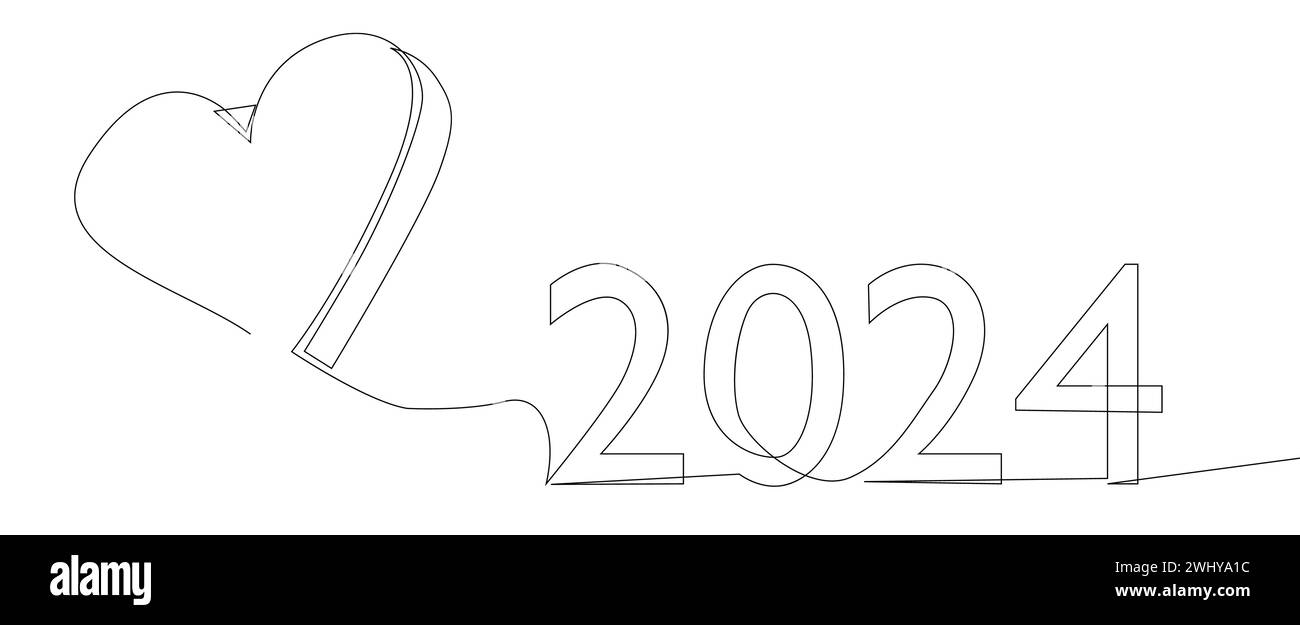 One continuous line of Heart and number 2024. Thin Line Illustration ...