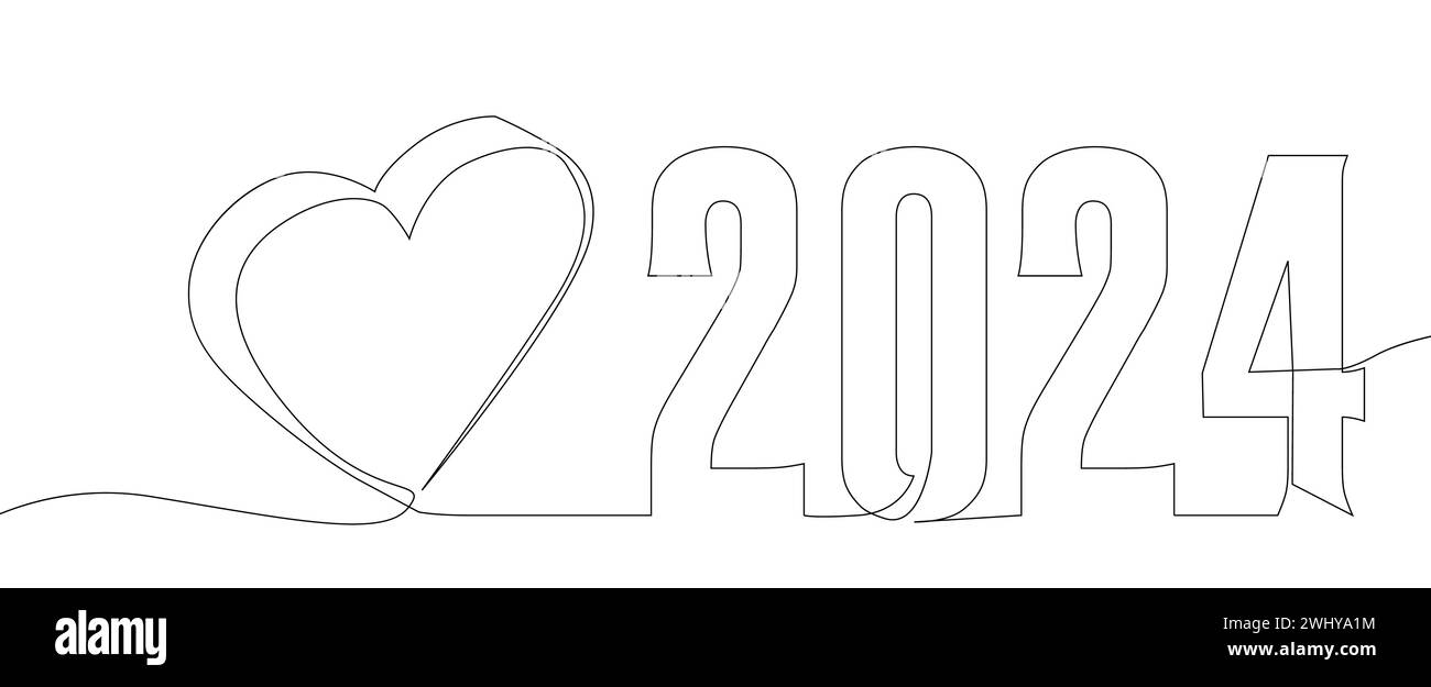 One continuous line of Heart and number 2024. Thin Line Illustration ...
