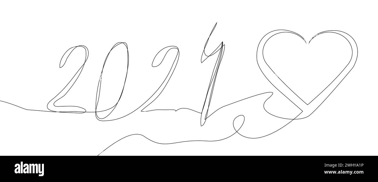 One continuous line of Heart and number 2024. Thin Line Illustration ...