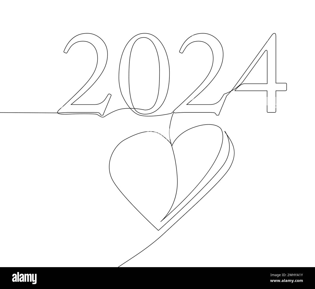 One continuous line of Heart and number 2024. Thin Line Illustration ...