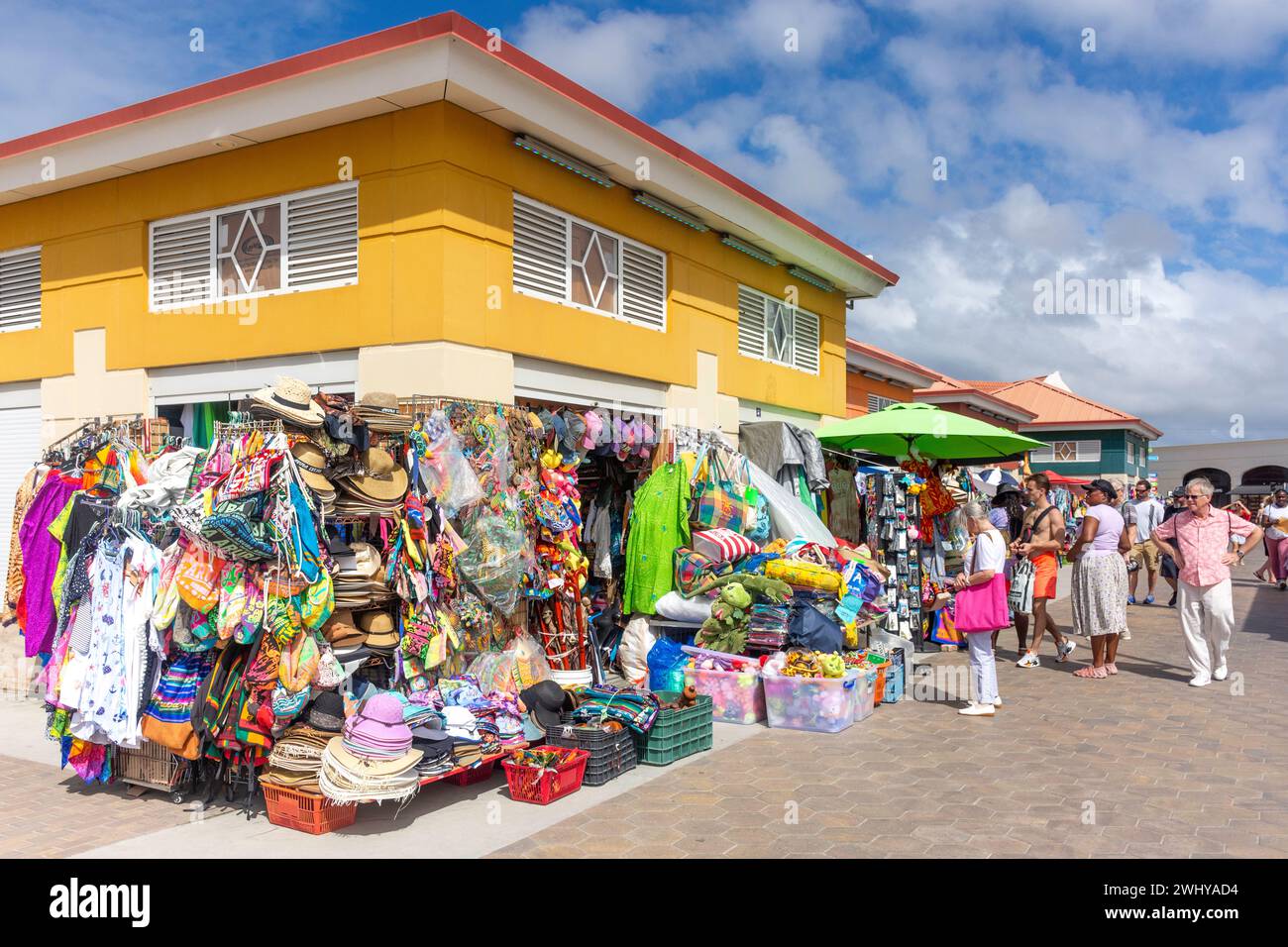 Souvenir shops at cruise port entrance, Oranjestad, Aruba, ABC Islands ...