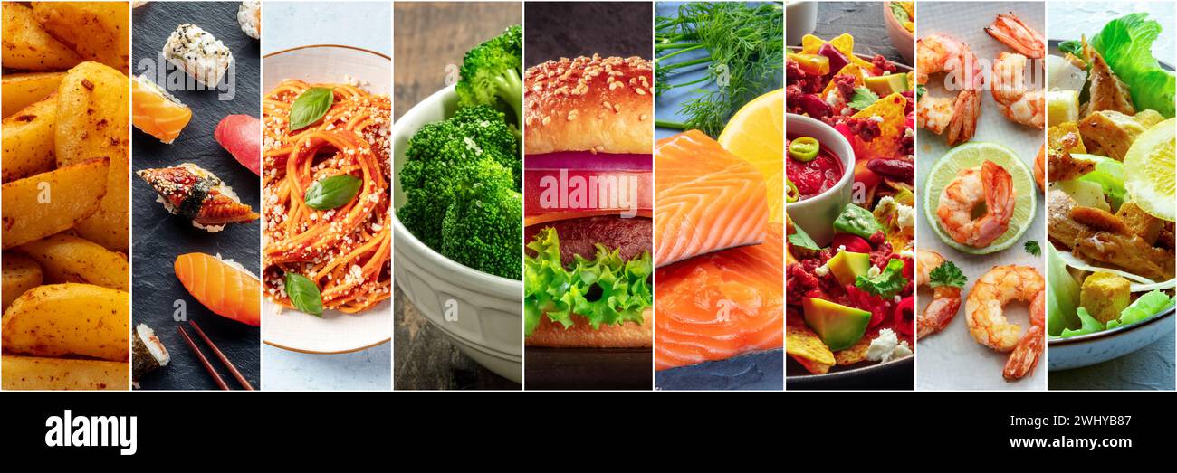 Food collage layout. A variety of dishes, a collection for a restaurant ...
