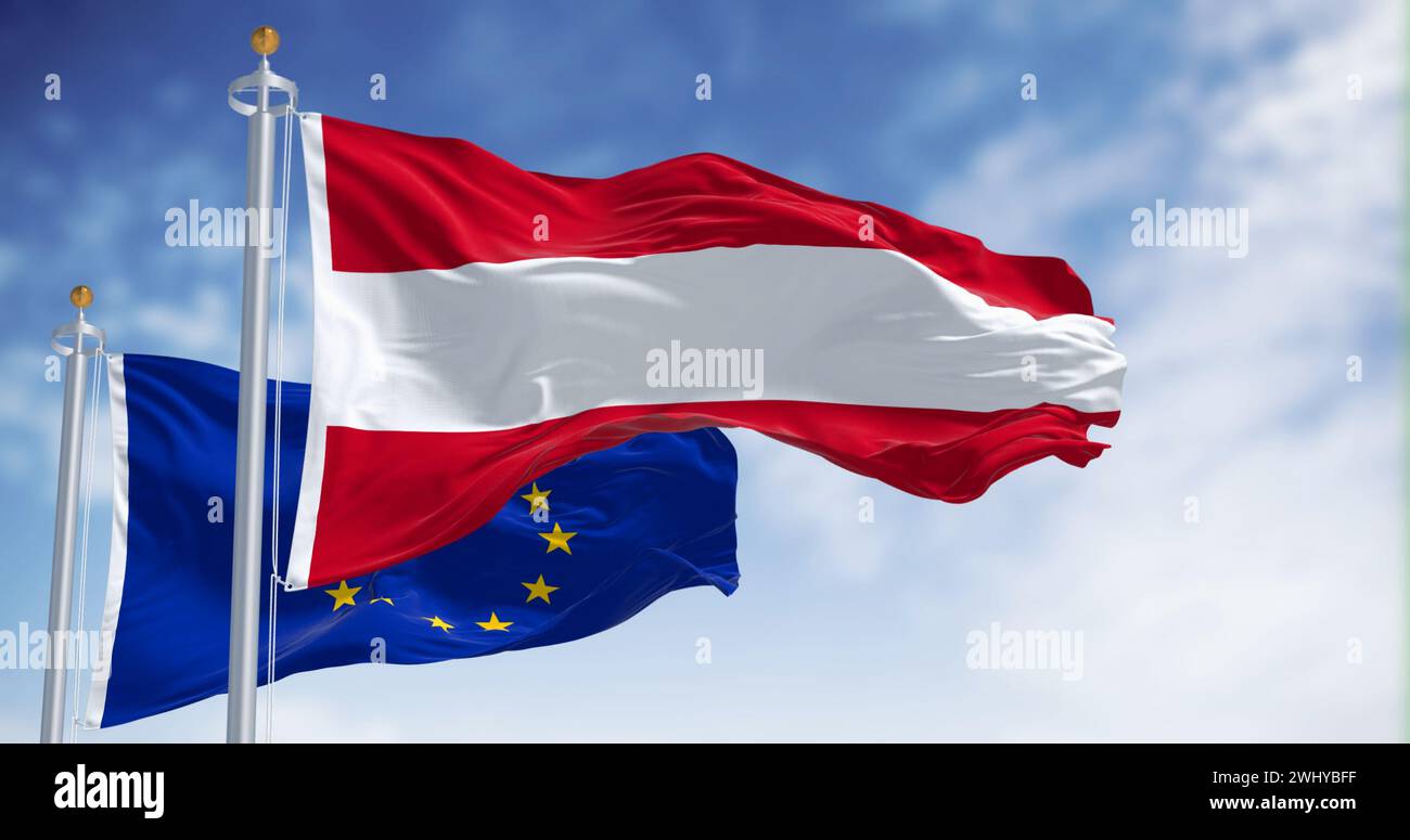 Austria and European Union flags waving together on a clear day Stock ...