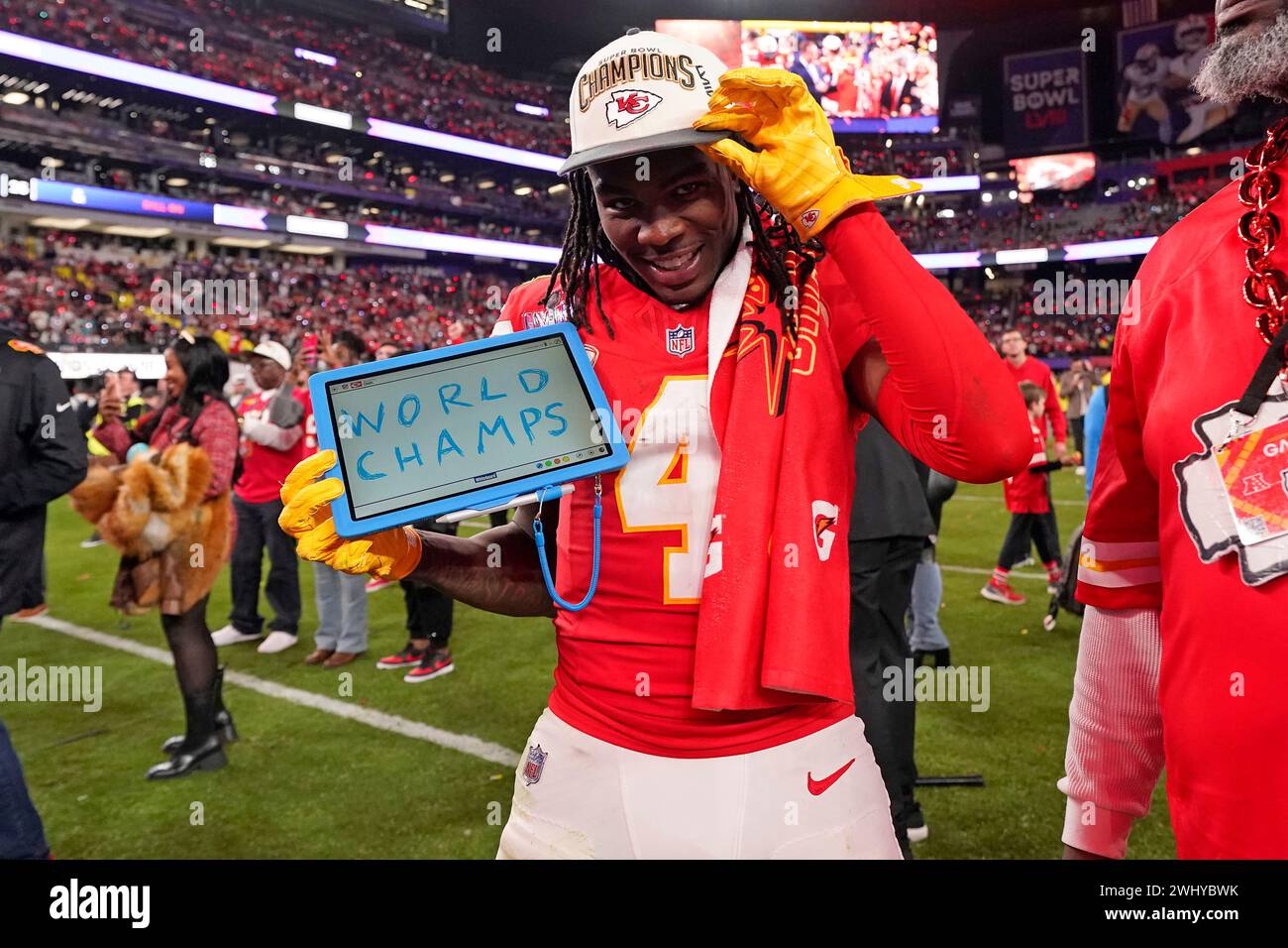 Kansas City Chiefs wide receiver Rashee Rice (4) holds a Microsoft ...