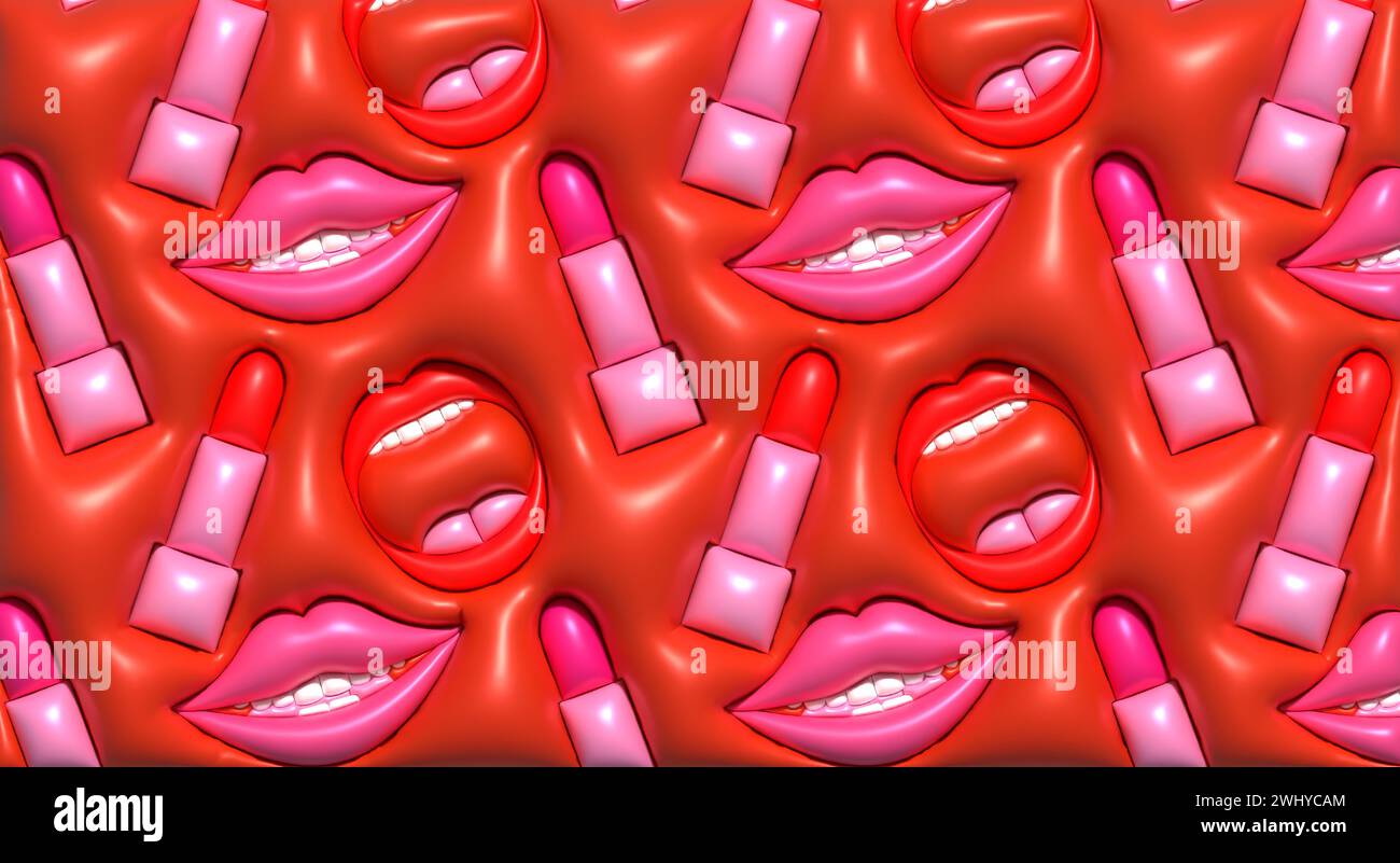 Pink lipstick and red lips on a red background, repeating pattern. 3D ...