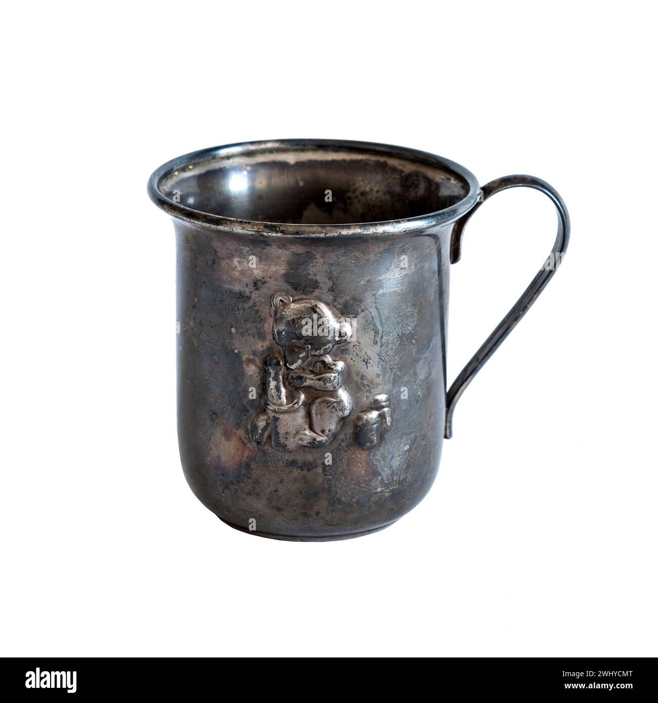 Old handmade silver mug isolated on white background Stock Photo - Alamy