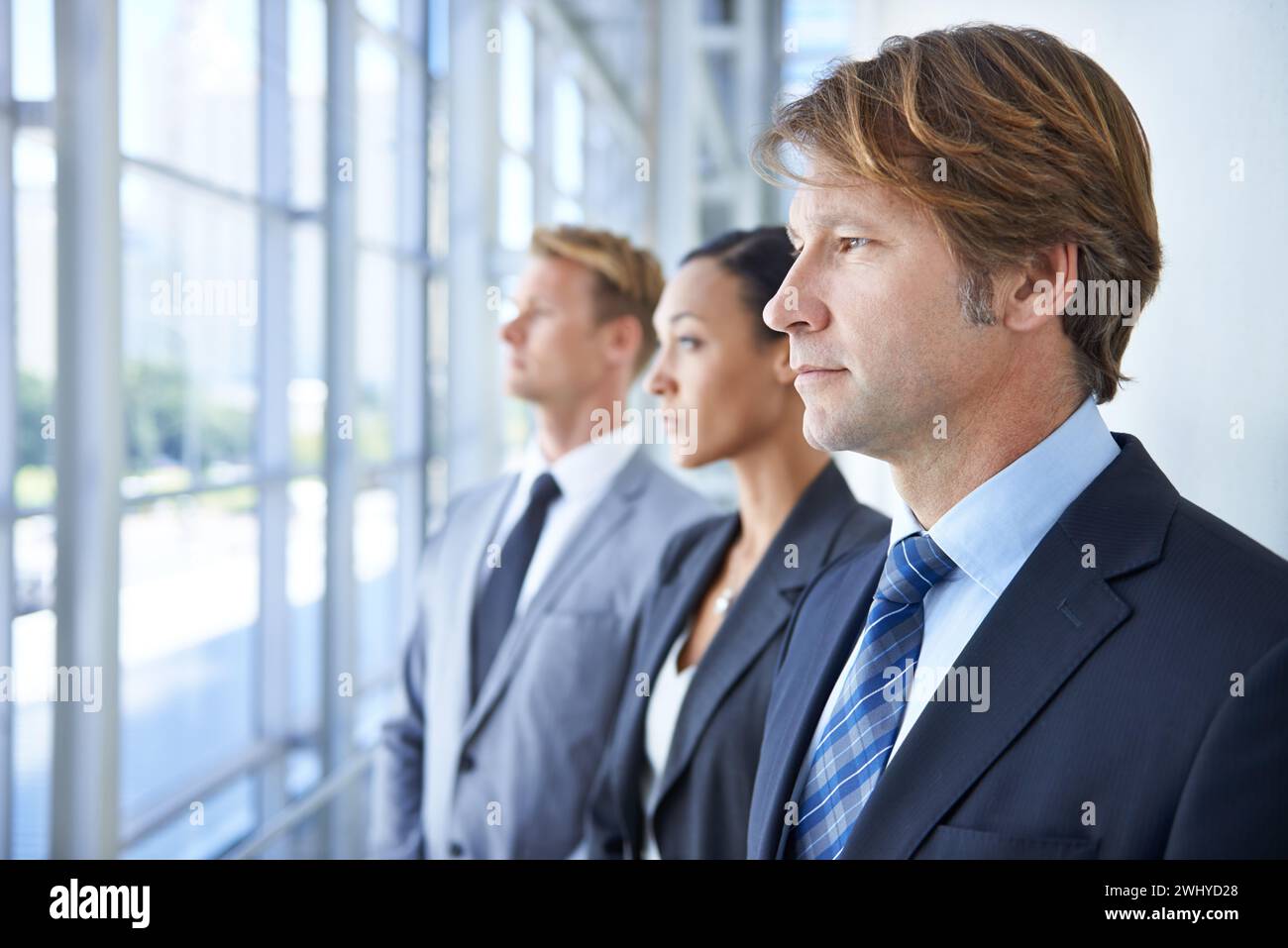 Lawyer, thinking and business people in office window for legal company ...