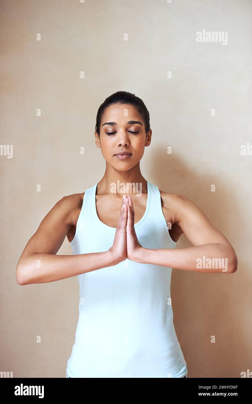 Meditation, eyes closed and woman in home in namaste pose for yoga ...