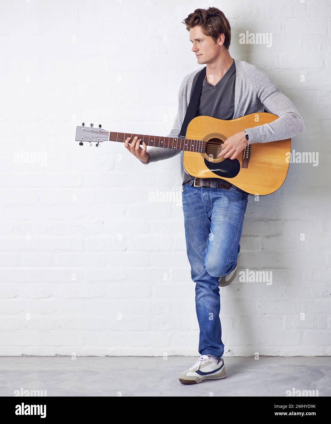 Man, guitar and musician with creativity and music, acoustic for ...