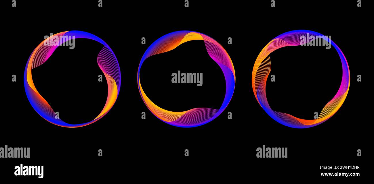 Neon iridescent blend circle line set. Shimmering glowing round tech ...