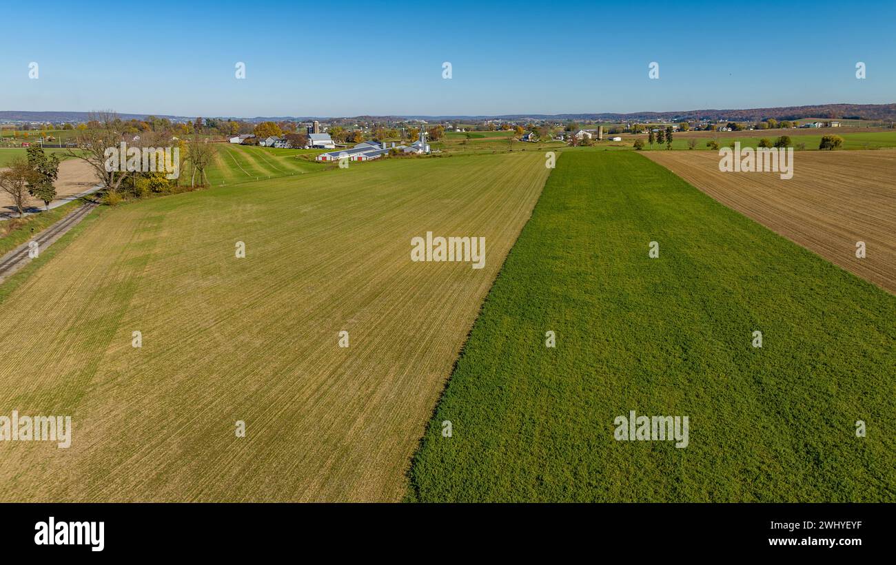 Aerial View of Amish Farmlands, Patch Work of Fields Cover Crops and ...