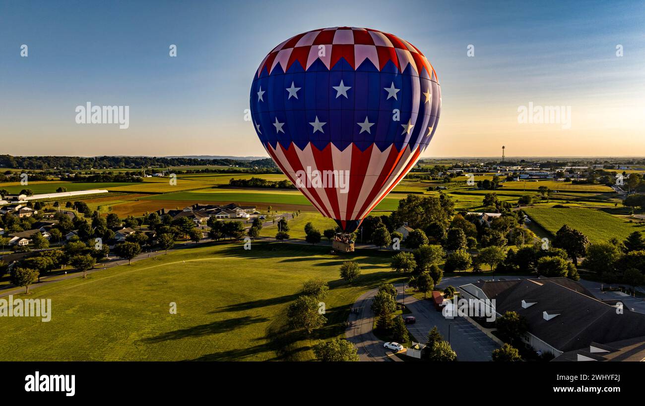 Aerial View on a Stars and Stripes, Hot Air Balloon Floating Over a ...