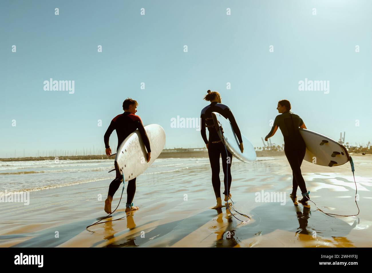 Back view of group of friends with surfboards in wetsuit entering ...