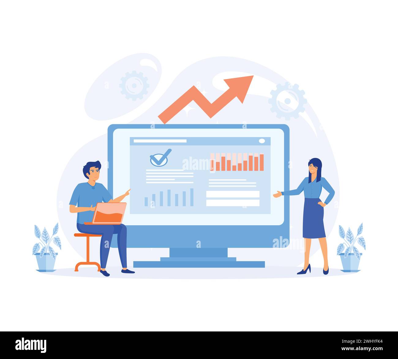 Digital marketing and promotion. Man and woman characters analyzing ...