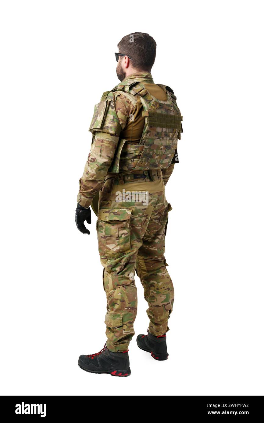 Back view of male soldier in military uniform isolated on white ...