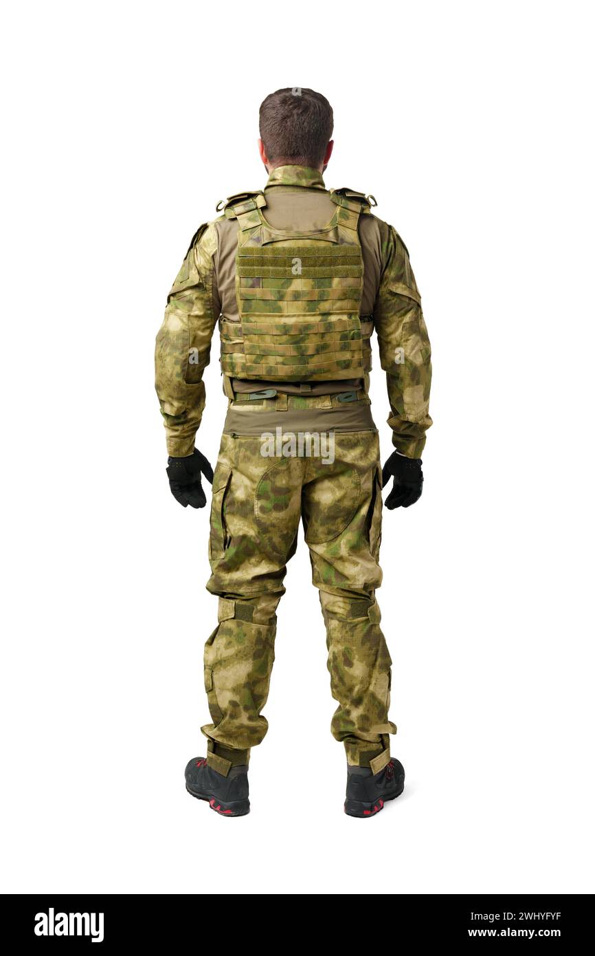 Back view of male soldier in military uniform isolated on white ...