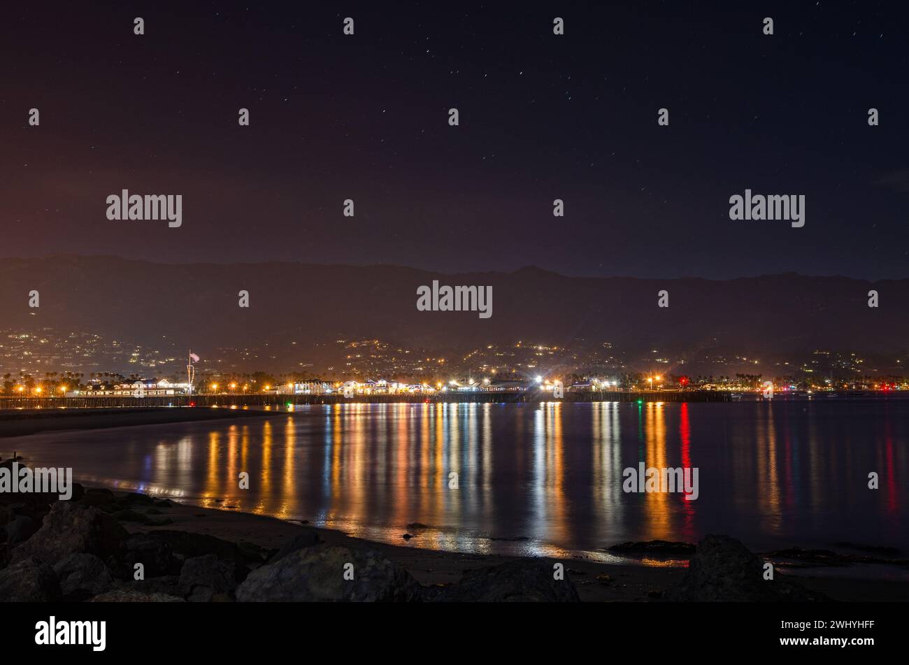 Santa Barbara harbor, Night lights, Ocean reflections, Coastal ...