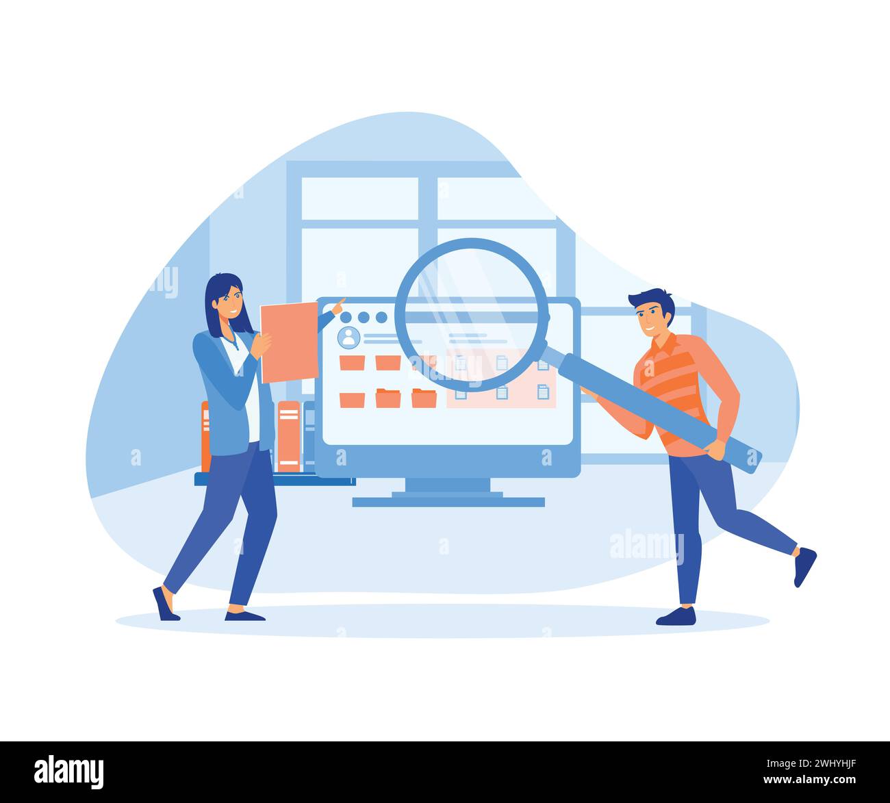 Employees searching and indexing file documents. File manager and data storage. flat vector ...