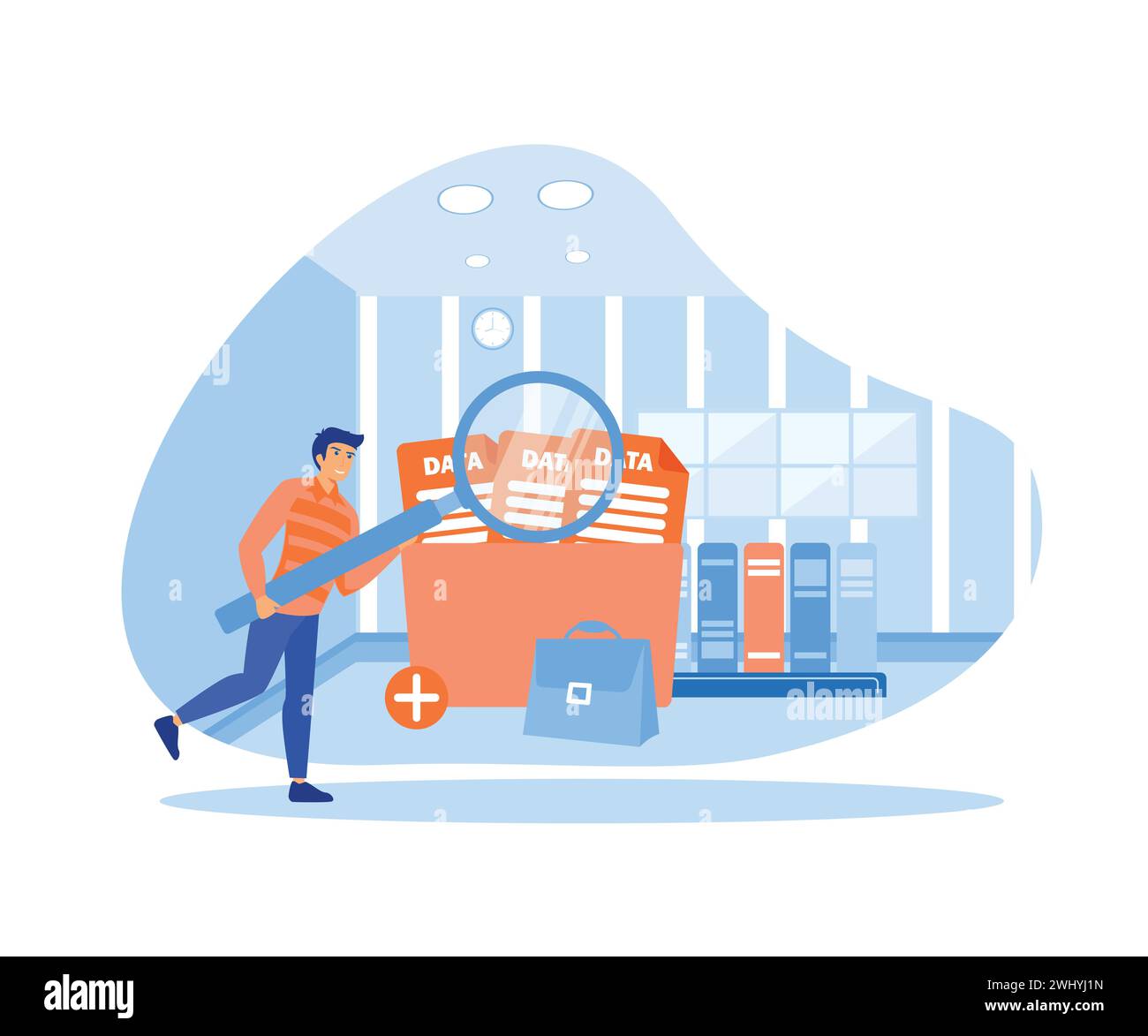 Workers Searching File Employee Uses Magnifying Glass Flat Vector
