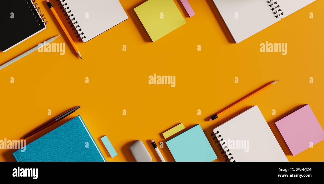 Copy space background with study items on a yellow desk.3d rendering ...