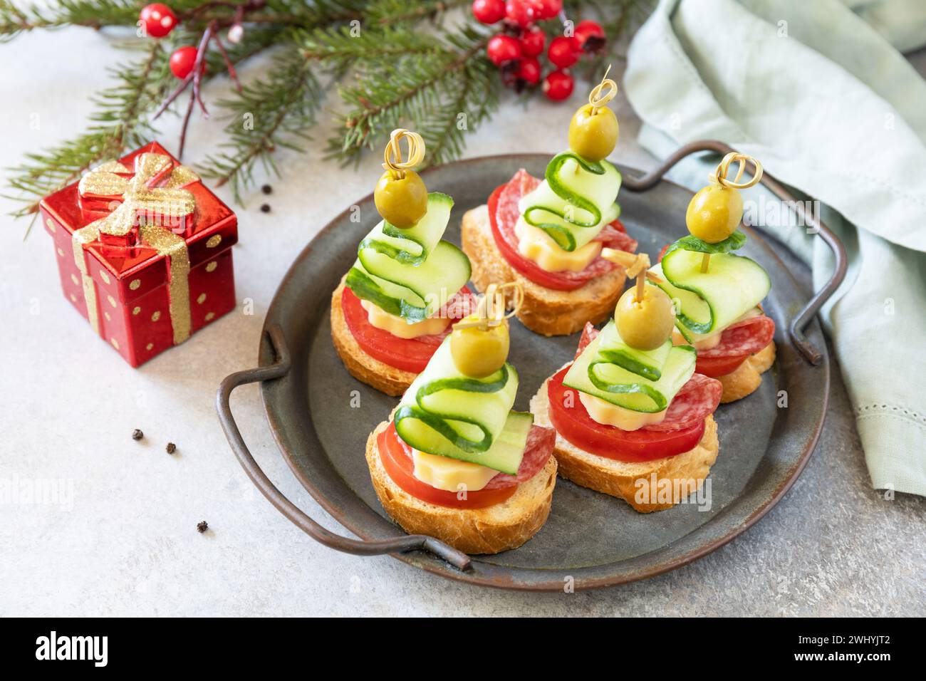 Creative appetizers christmas. Christmas tree canapes of salami, cheese ...
