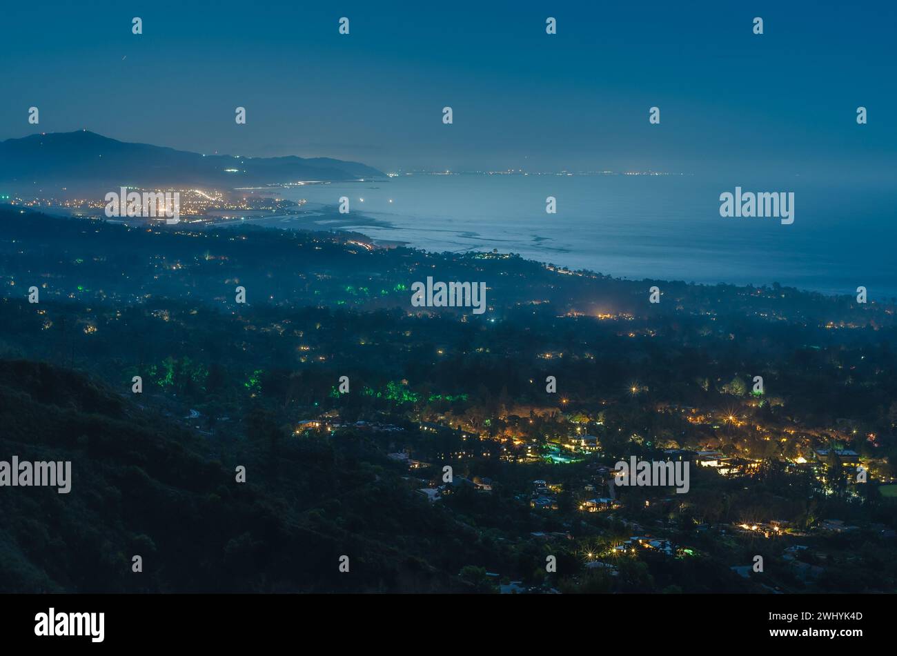 Aerial view, Santa Barbara, Ventura, Carpinteria, Goleta, Night, Full ...