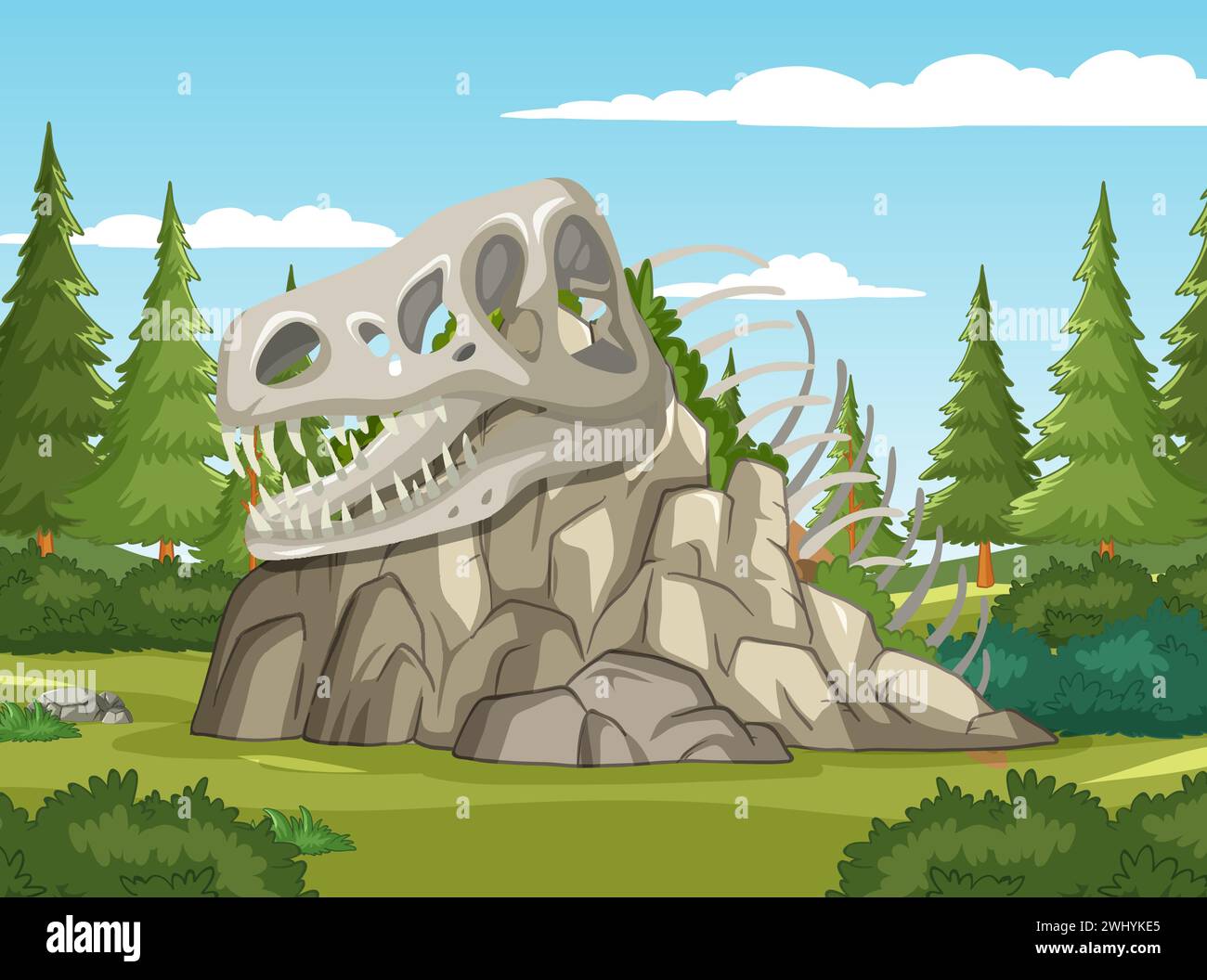 Cartoon of a dinosaur skeleton in a forest setting Stock Vector Image ...