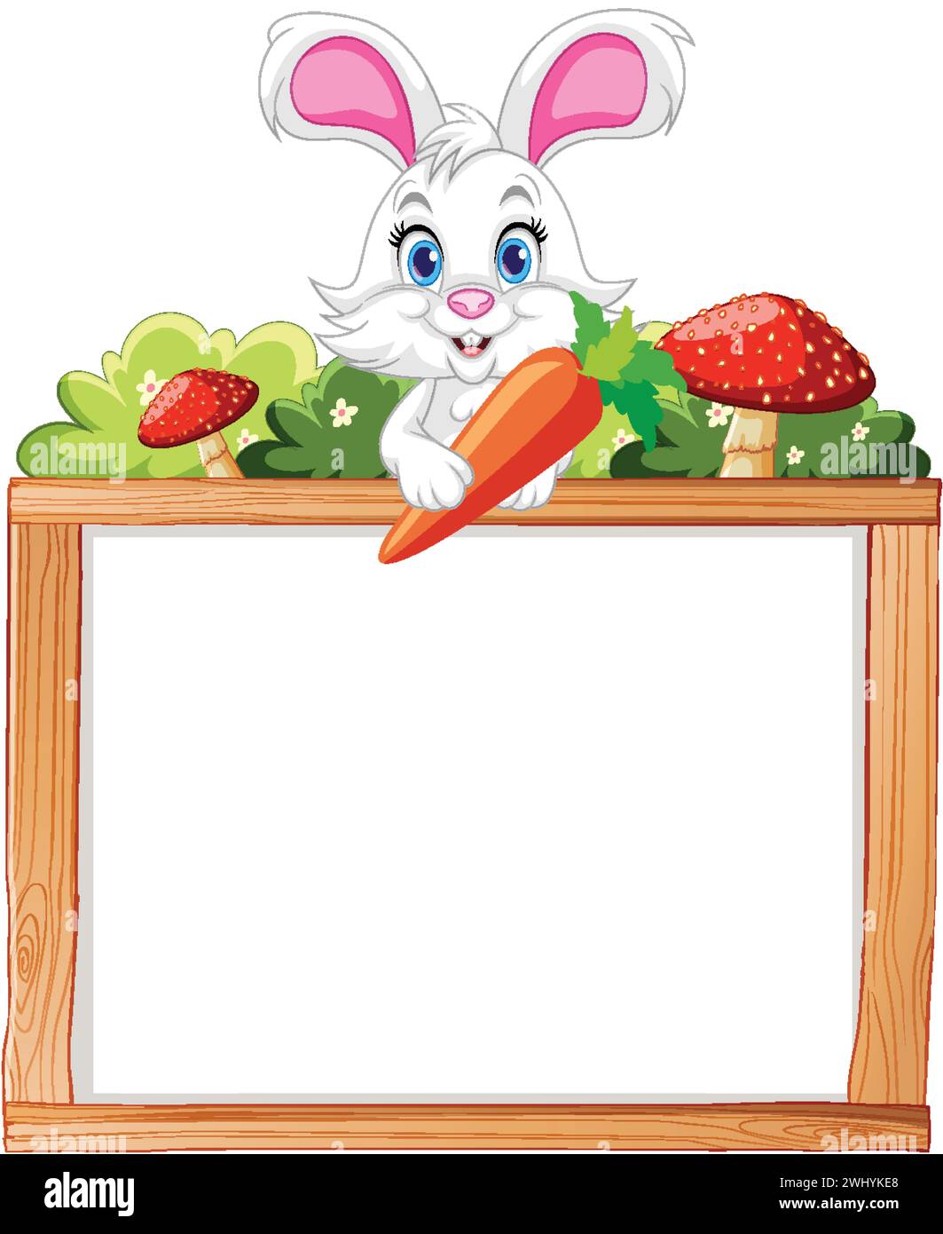 Cute rabbit holding carrot above empty wooden frame Stock Vector Image ...