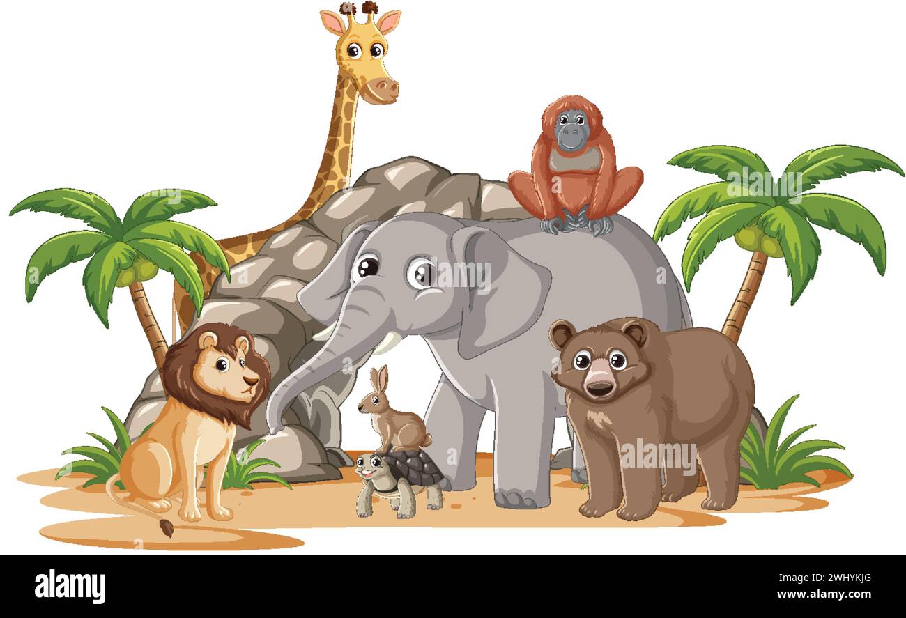 Group of diverse animals standing together peacefully Stock Vector ...