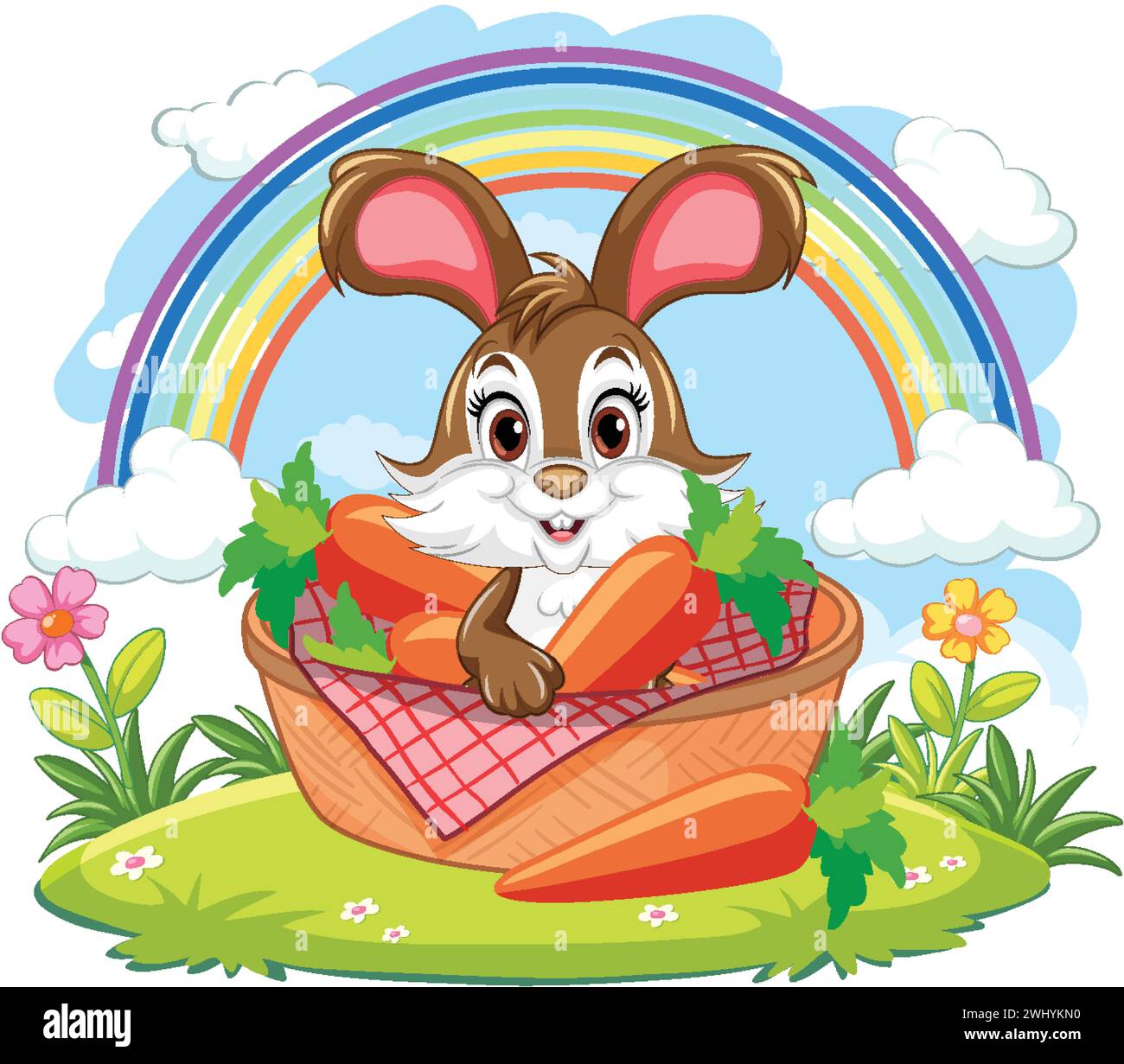 Cute rabbit sitting in a basket under a rainbow Stock Vector Image ...