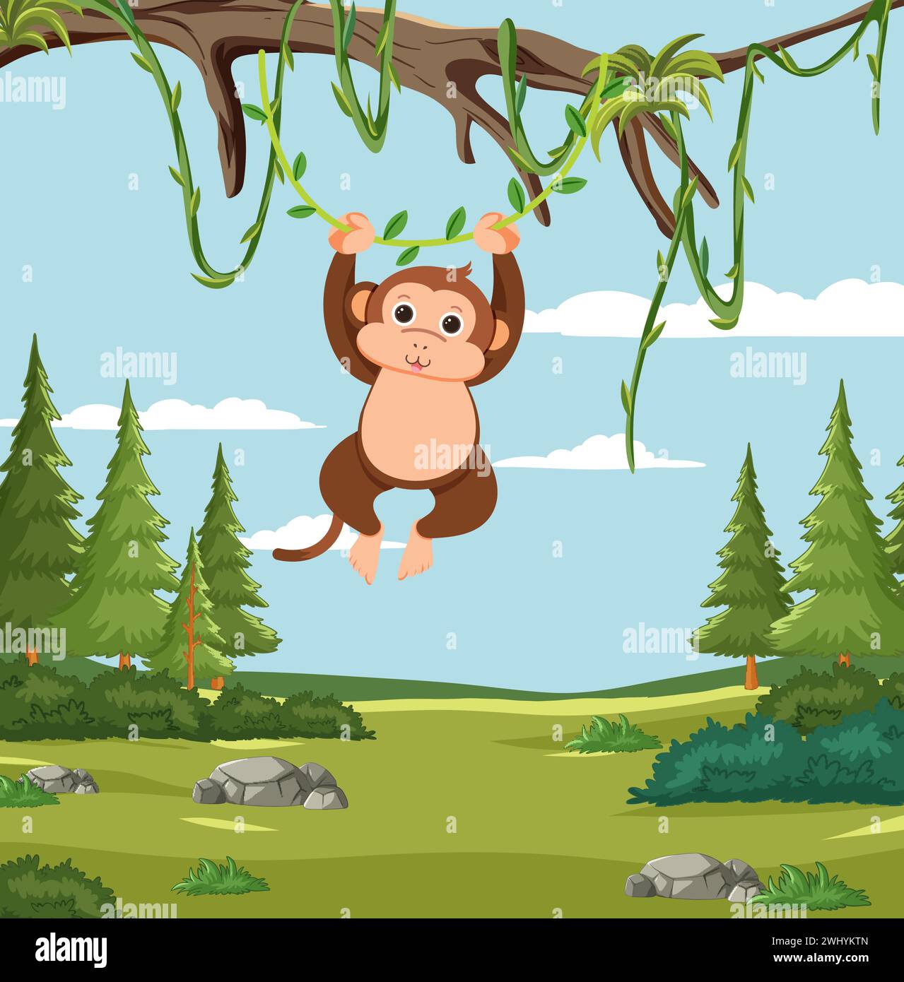Cute monkey hanging from a vine in a green forest Stock Vector Image ...