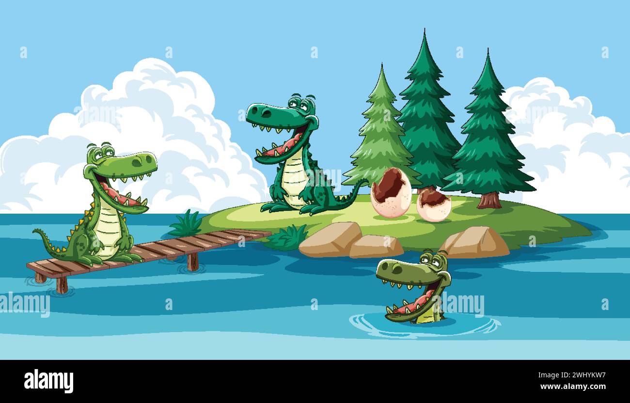 Three crocodiles enjoying a bright day outdoors Stock Vector Image ...