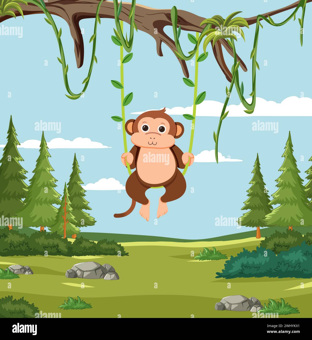 A cheerful monkey swinging from jungle vines Stock Vector Image & Art ...