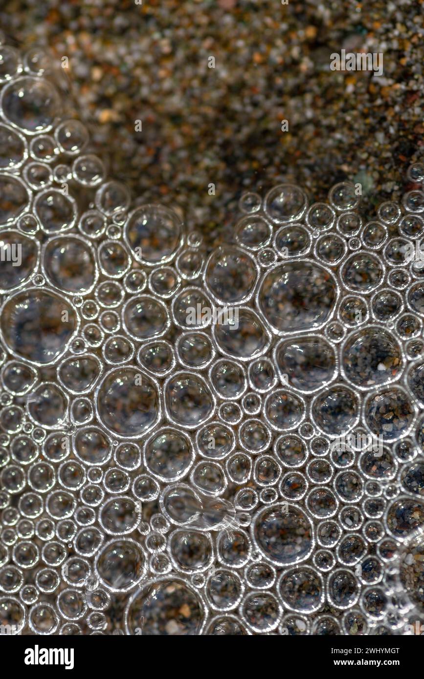 Macro photography, Seafoam bubbles, Sand grains, Close-up view, Coastal ...
