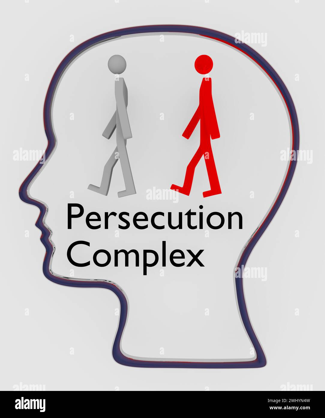 3D illustration of a gray human silhouette persecuted by a red human silhouette within a head ...