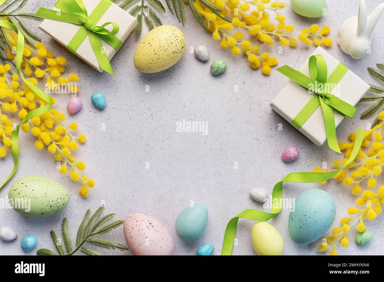 This image captures the essence of Easter with pastel-colored eggs ...