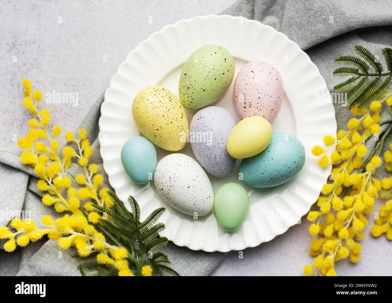 A selection of painted Easter eggs in pastel shades are elegantly ...