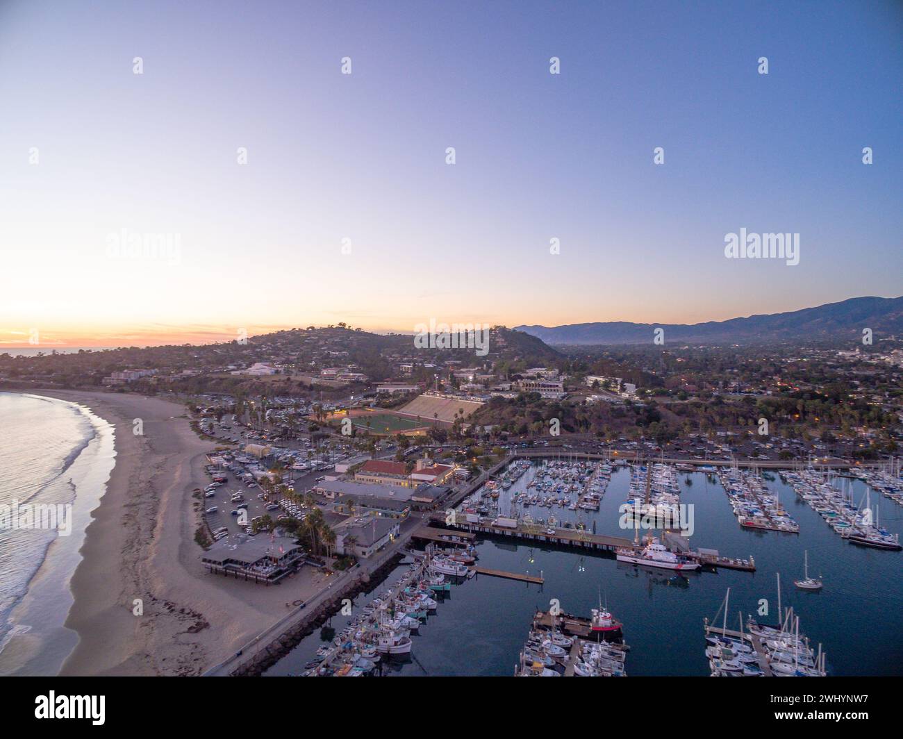 Aerial, Photo, Santa Barbara Harbor, Stearns Wharf, Downtown, Sunset ...