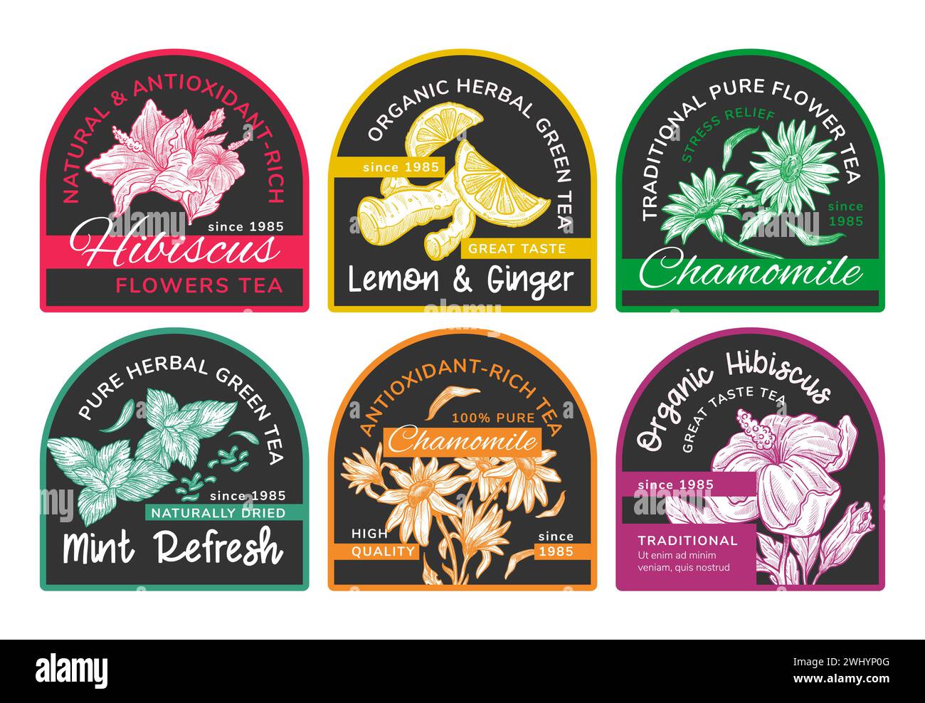 Sticker design set for herbal tea package promo Stock Vector Image ...