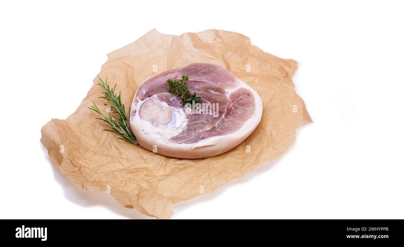 Beef Leg Slice salted with spice isolated on white background. Round ...