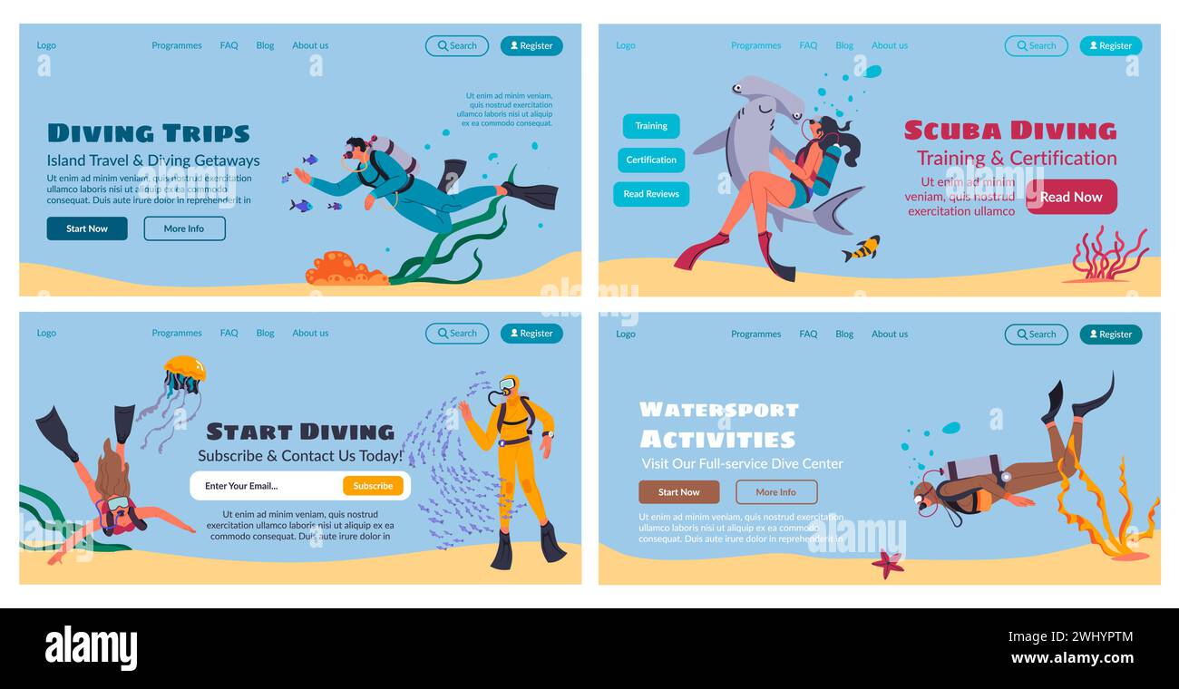 Web banner design set for scuba diving service. Man woman character in ...