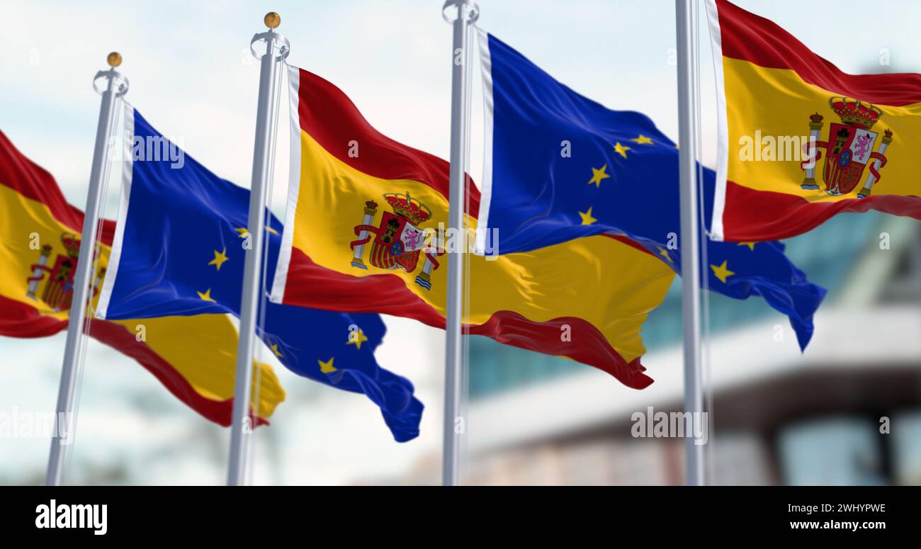 Spanish and European Union flags waving in the wind Stock Photo - Alamy