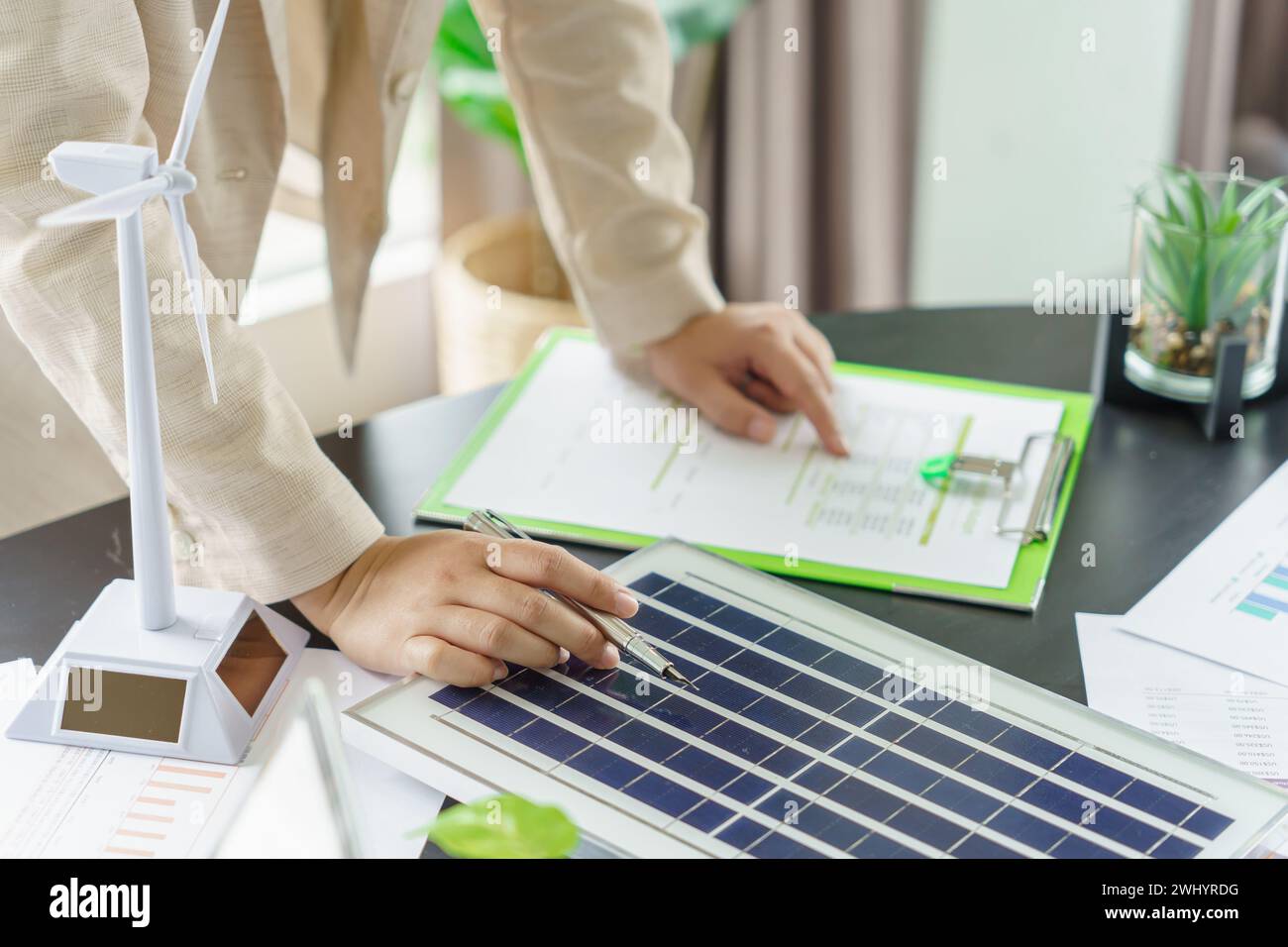 Business woman working in green eco friendly modern working space ...