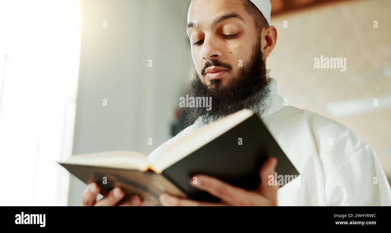Islamic man, reading quran and mosque with faith, reading and ...