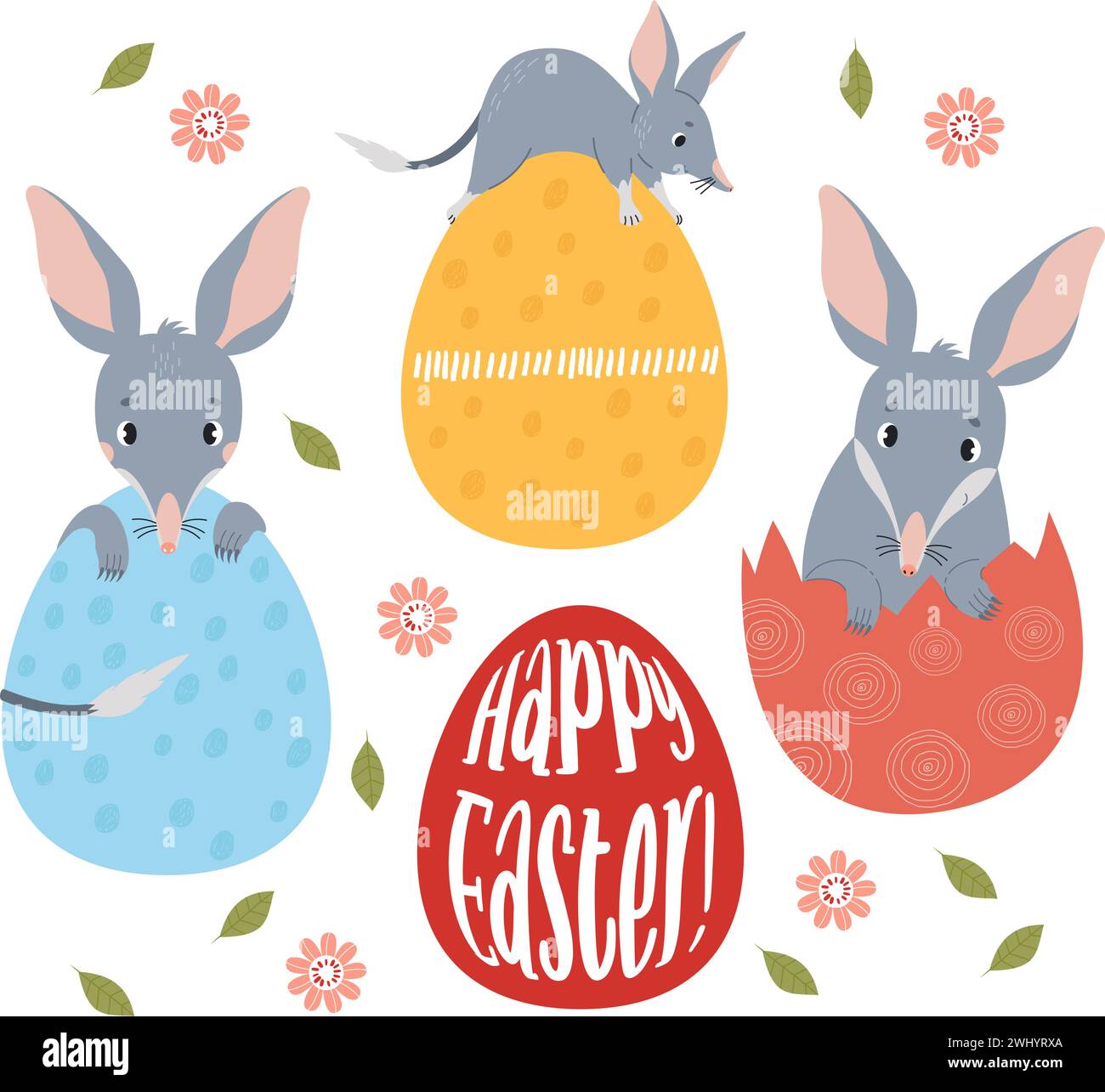 Collection Easter bilbies with Easter eggs. Australian cute animal ...