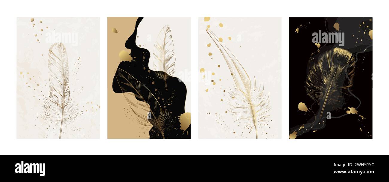 Gold feathers. Golden elegant bird art pattern. Graphic wallpaper ...